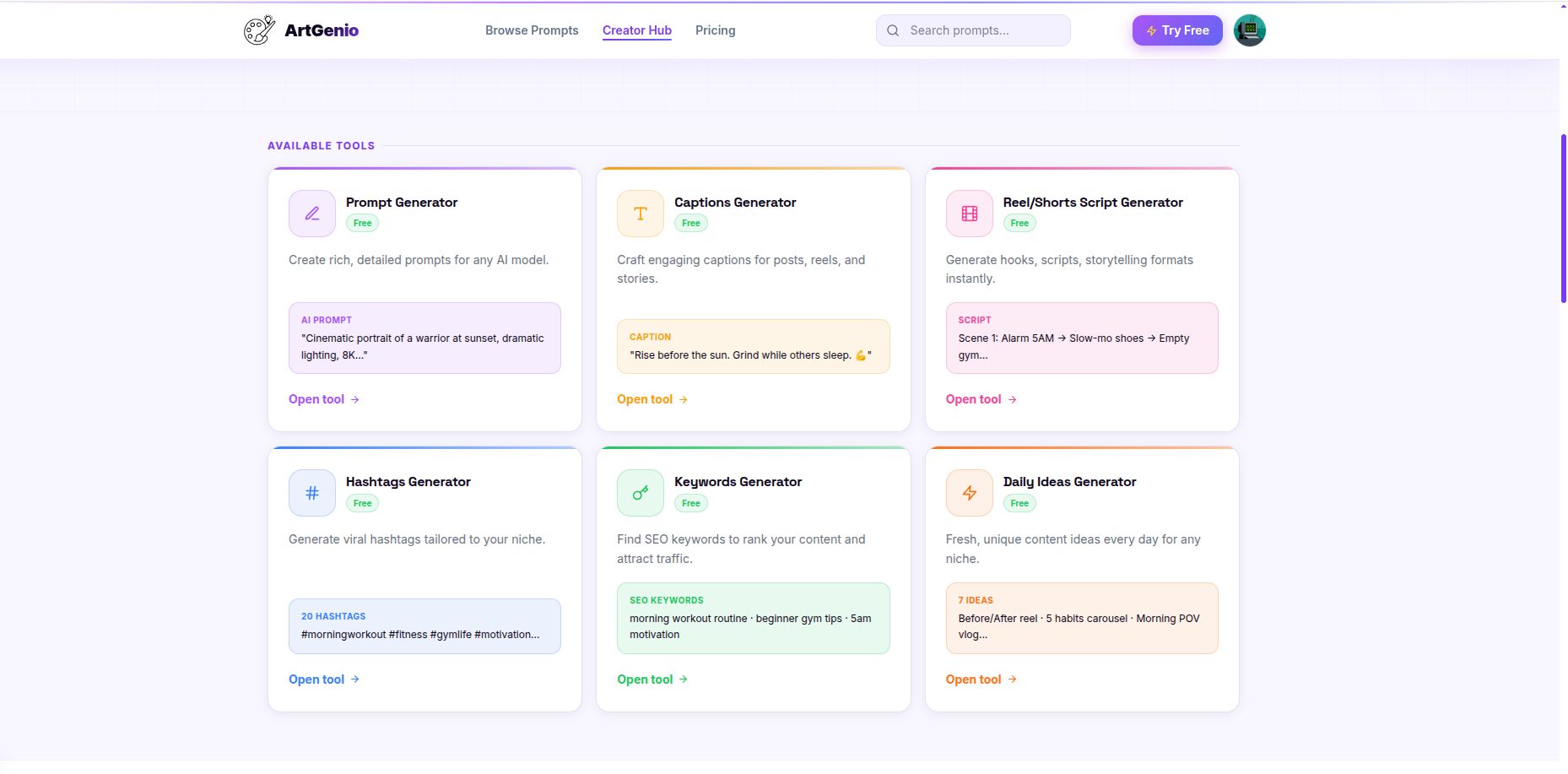 Creator Hub | AI Prompts, Captions, Hashtags & Content Tools | ArtGenio